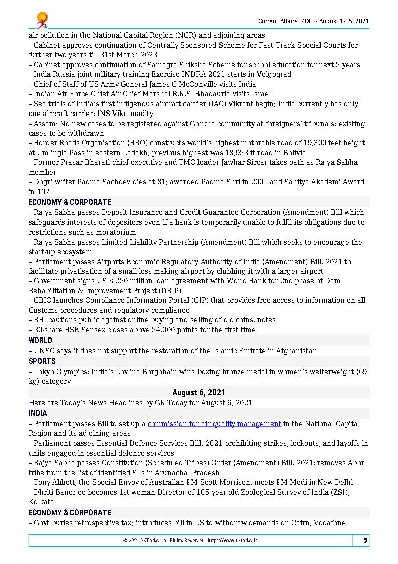 Gk Today-Monthly Current Affairs-Compilation August 2021-English Medium ...